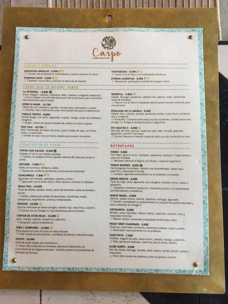 Carta de Restaurante vegetariano Carpo, Pozuelo de Alarcón