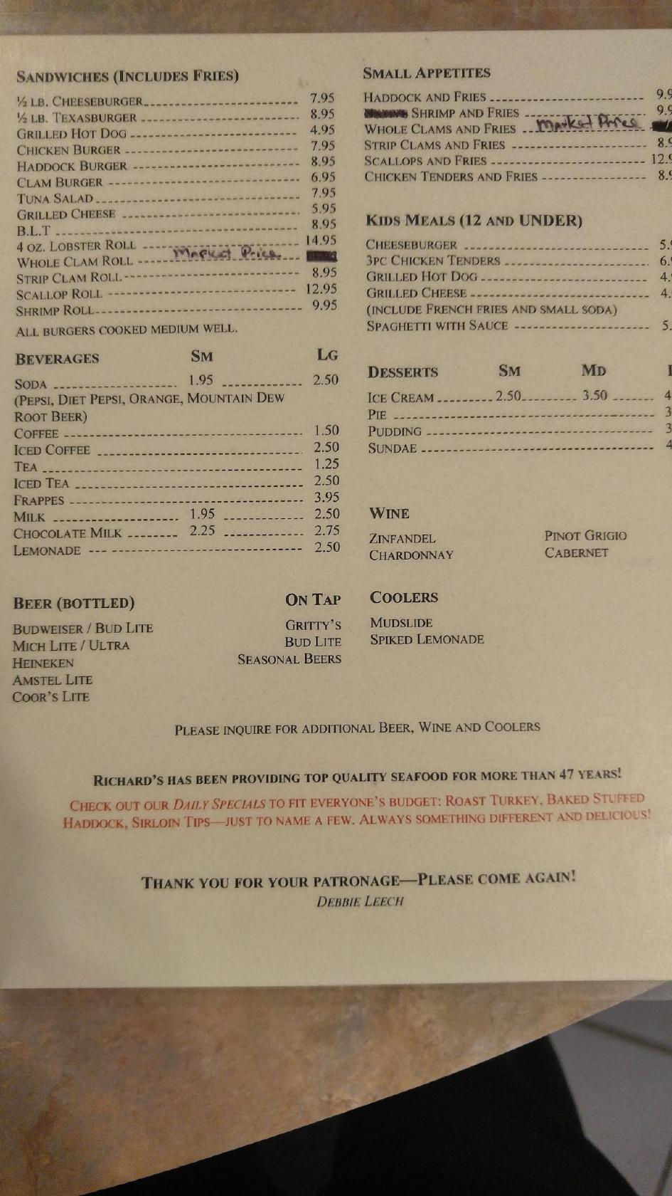 Menu at Richard's Seafood Restaurant, Wells, N Berwick Rd