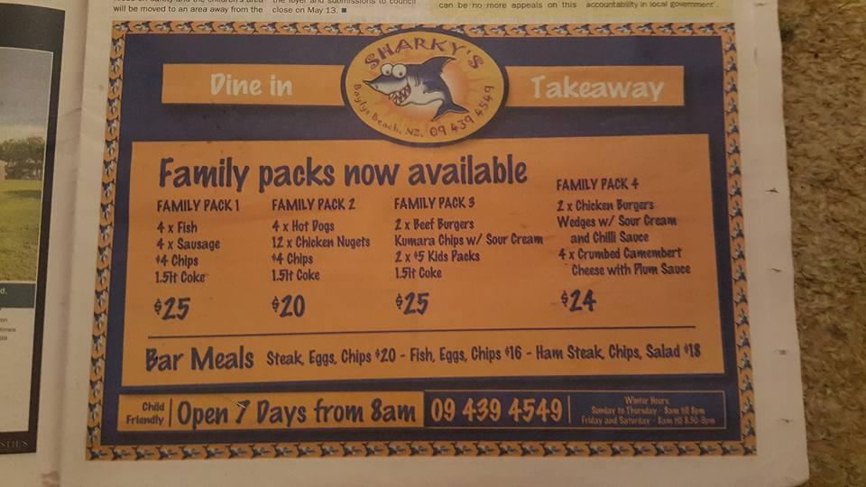 Carta del restaurante Sharkeys, Baylys Beach