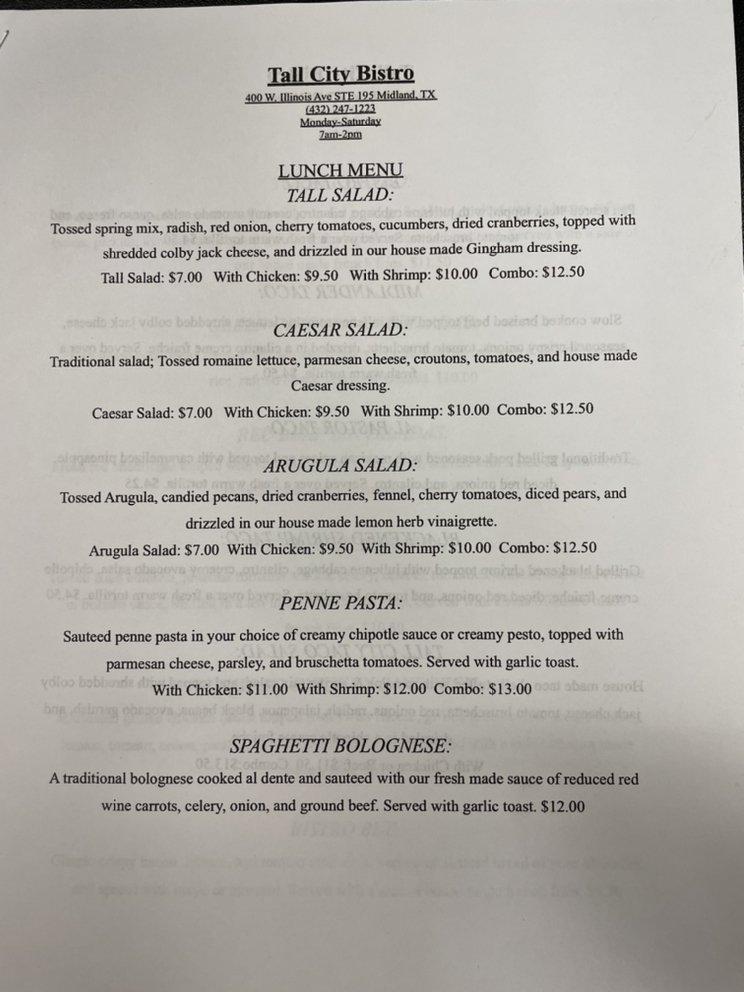 Menu at Tall City Bistro restaurant, Midland