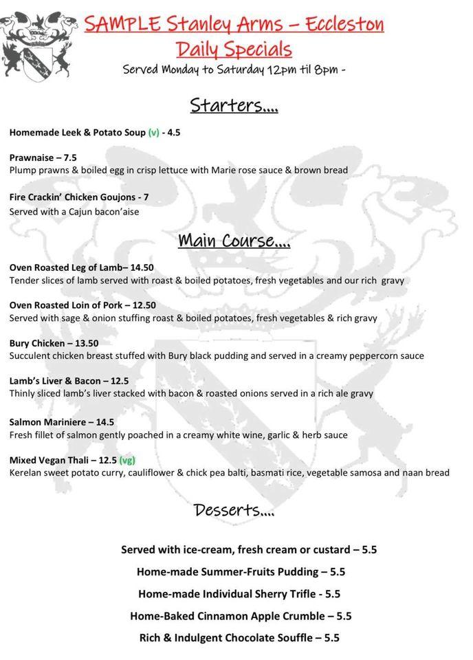 Menu at The Stanley Arms pub & bar, St Helens
