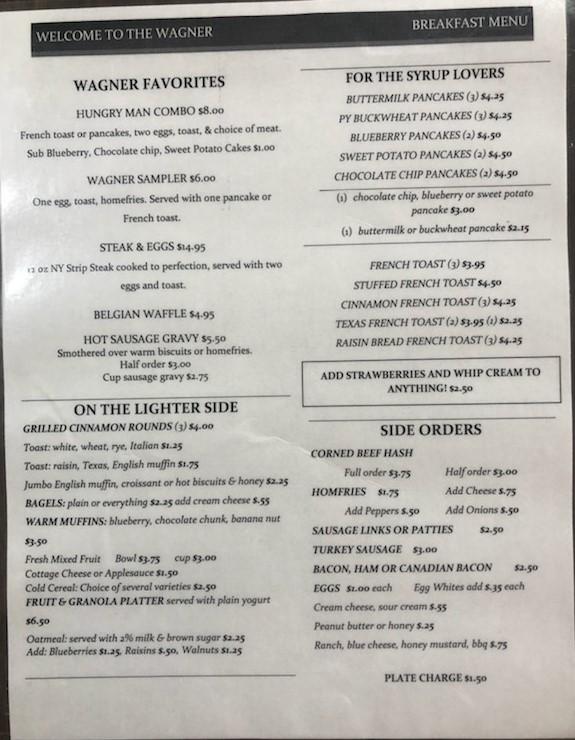 Menu at The Wagner Restaurant, Penn Yan