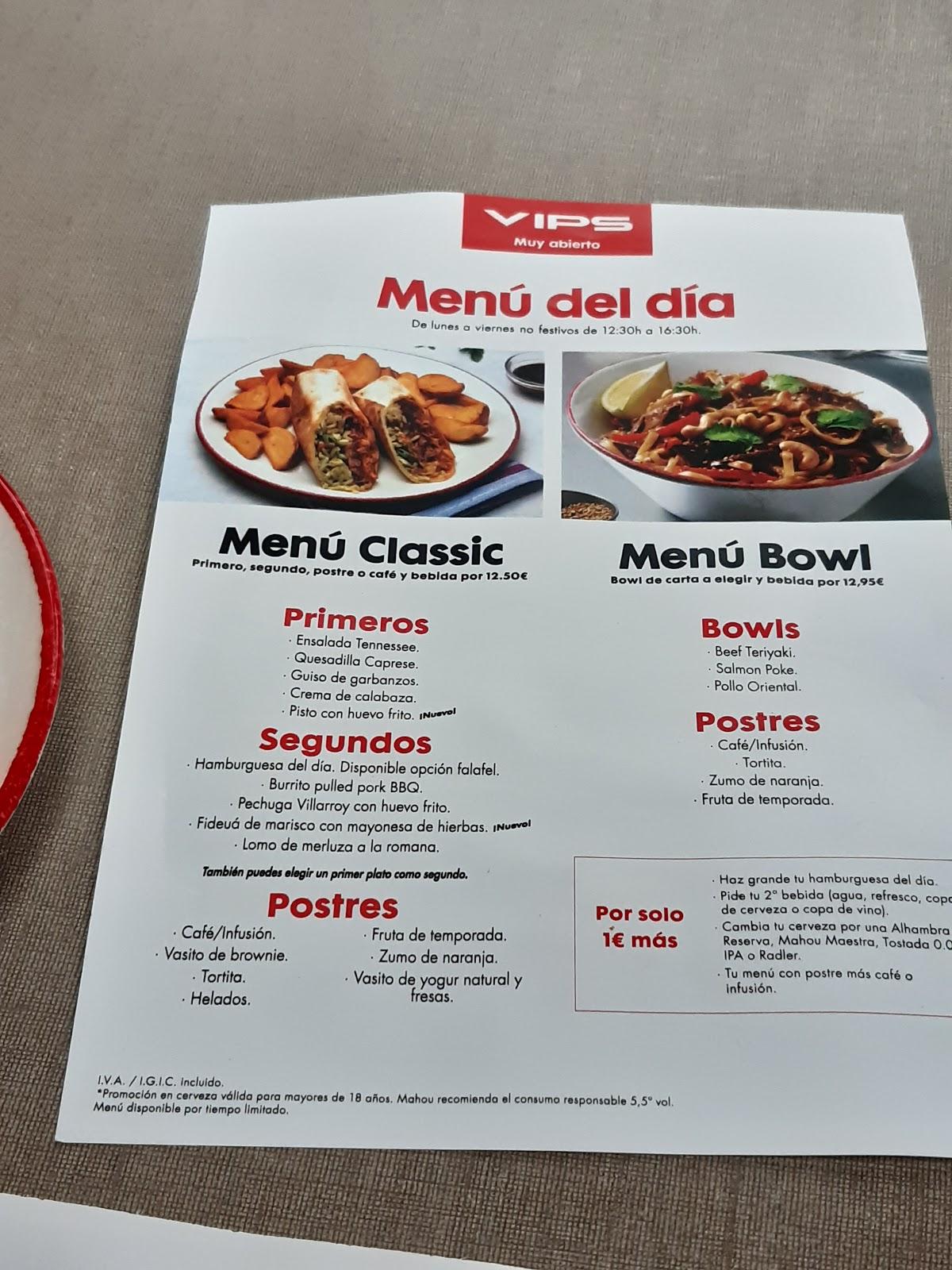 Carta del restaurante VIPS, Madrid, Paseo del la Florida