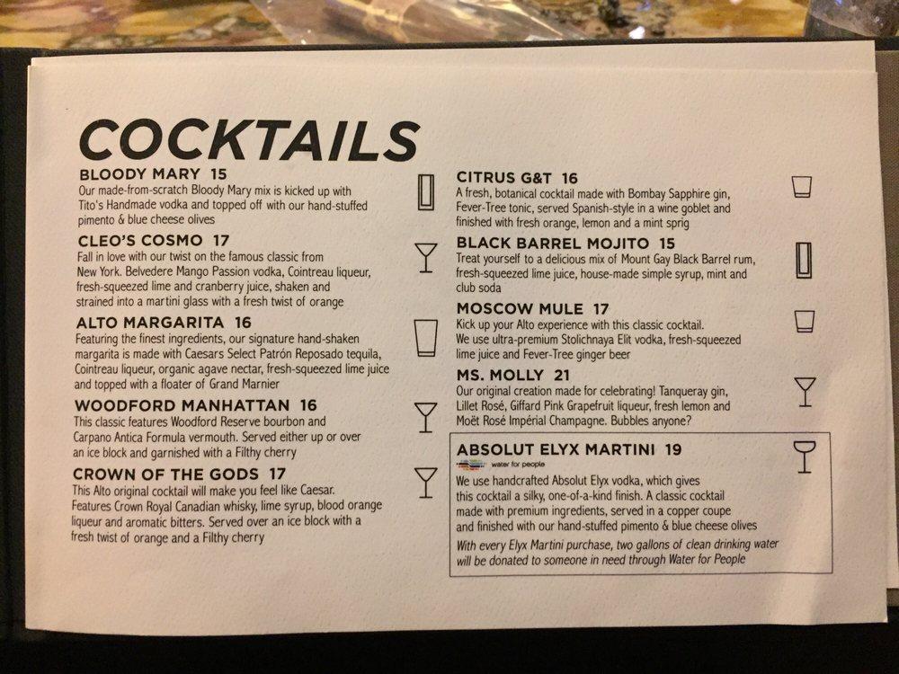 Menu at Alto Bar, Las Vegas, S Las Vegas Blvd