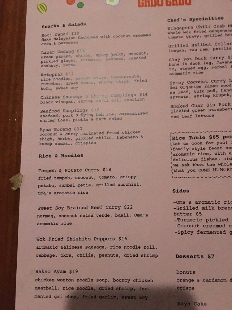 Menu at Gado Gado restaurant, Portland, NE Cesar E Chavez Blvd