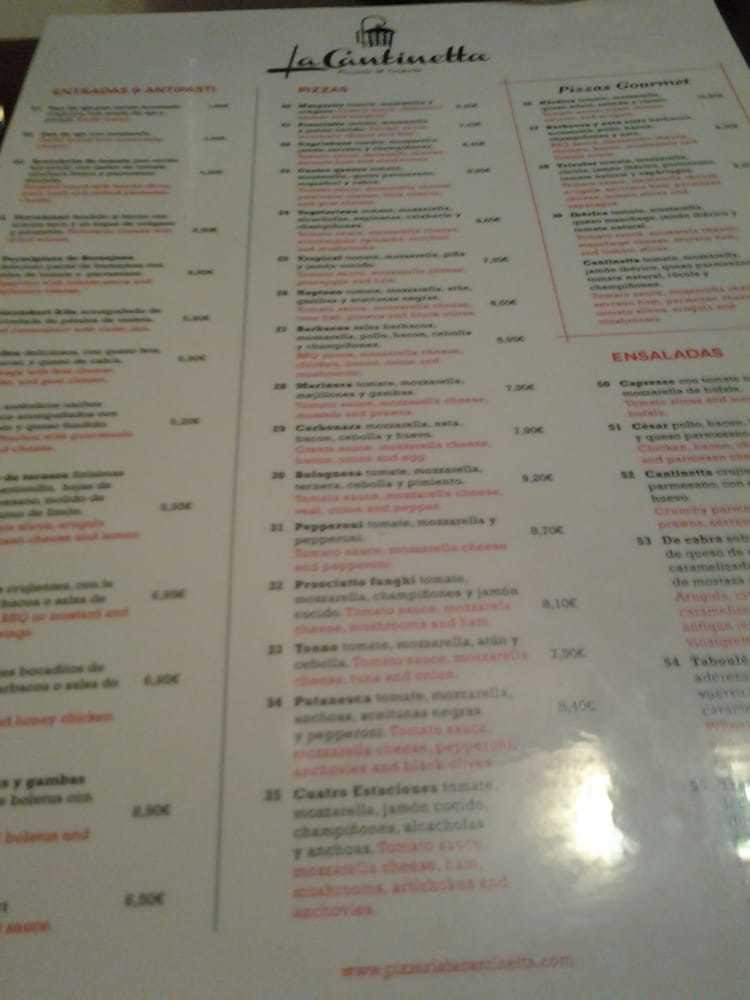 Menu at La Cantinetta pizzeria, Málaga