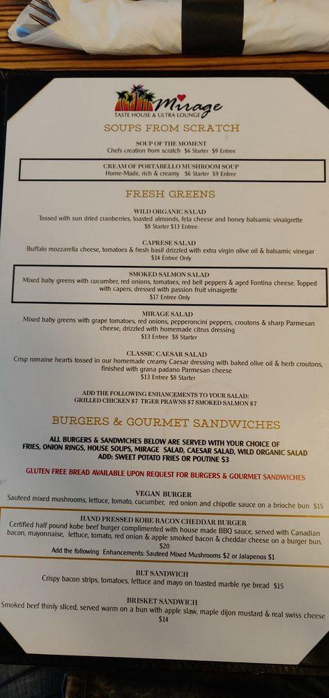 Menu at The Mirage TasteHouse restaurant, High Level