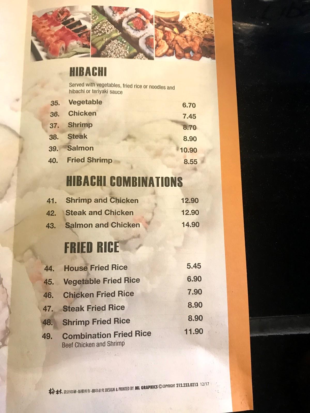 Menu at Mt. Fuji restaurant, Louisville