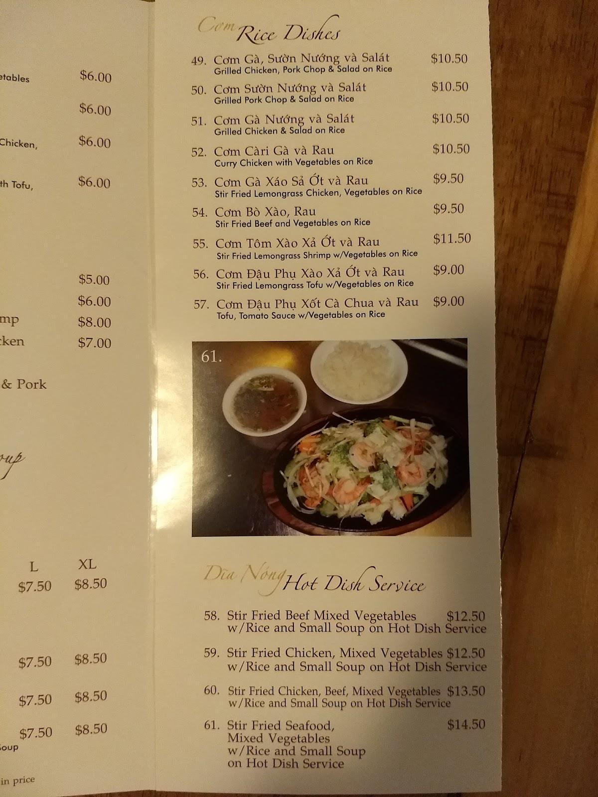Menu at Pho Rang Dong restaurant, Toronto