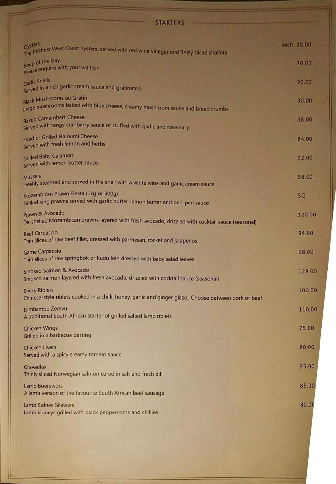 Menu at The Butcher Shop & Grill steakhouse, Cape Town, 125 Beach Rd