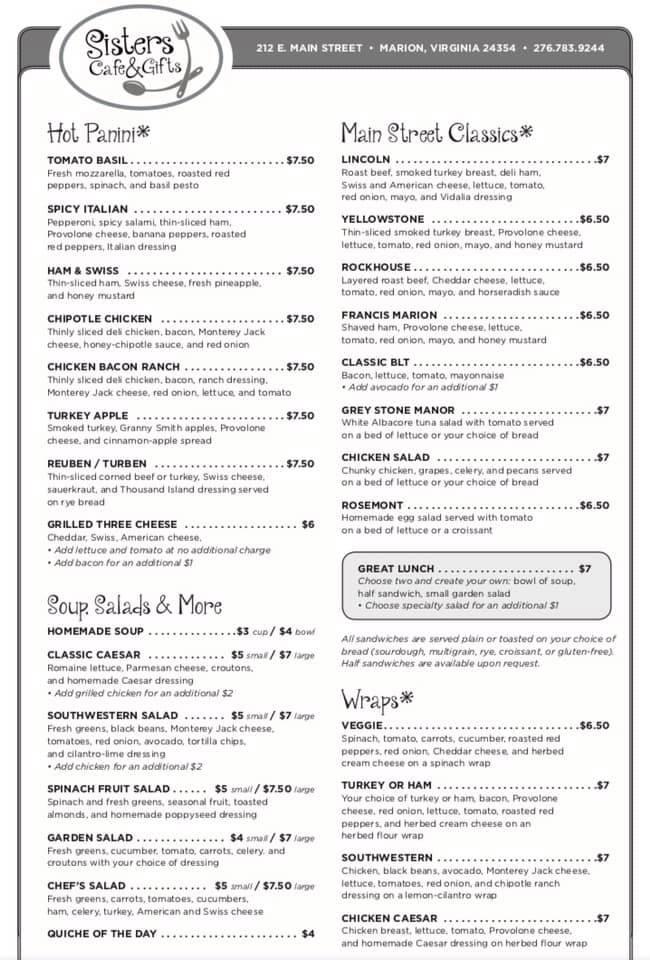 Menu at Sisters' Cafe & Gifts, Marion