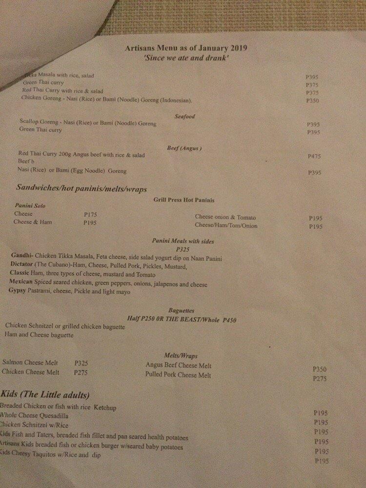 Menu at Artisans steakhouse, Puerto Princesa, Rizal Avenue