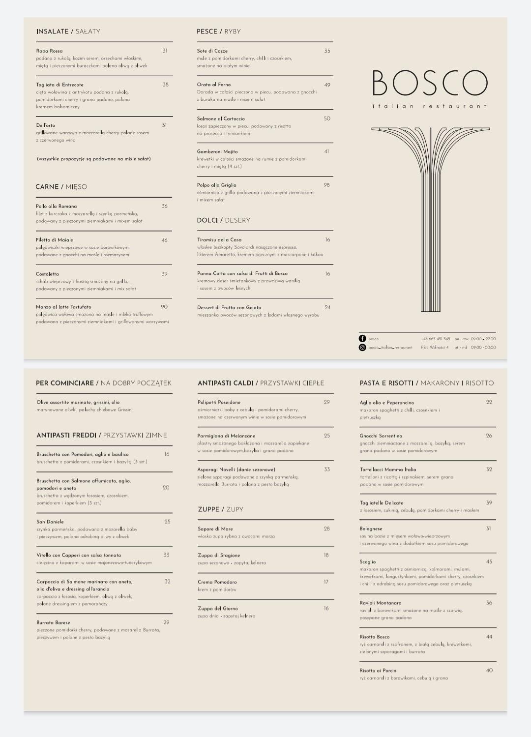 Menu at BOSCO restaurant, Swinoujscie