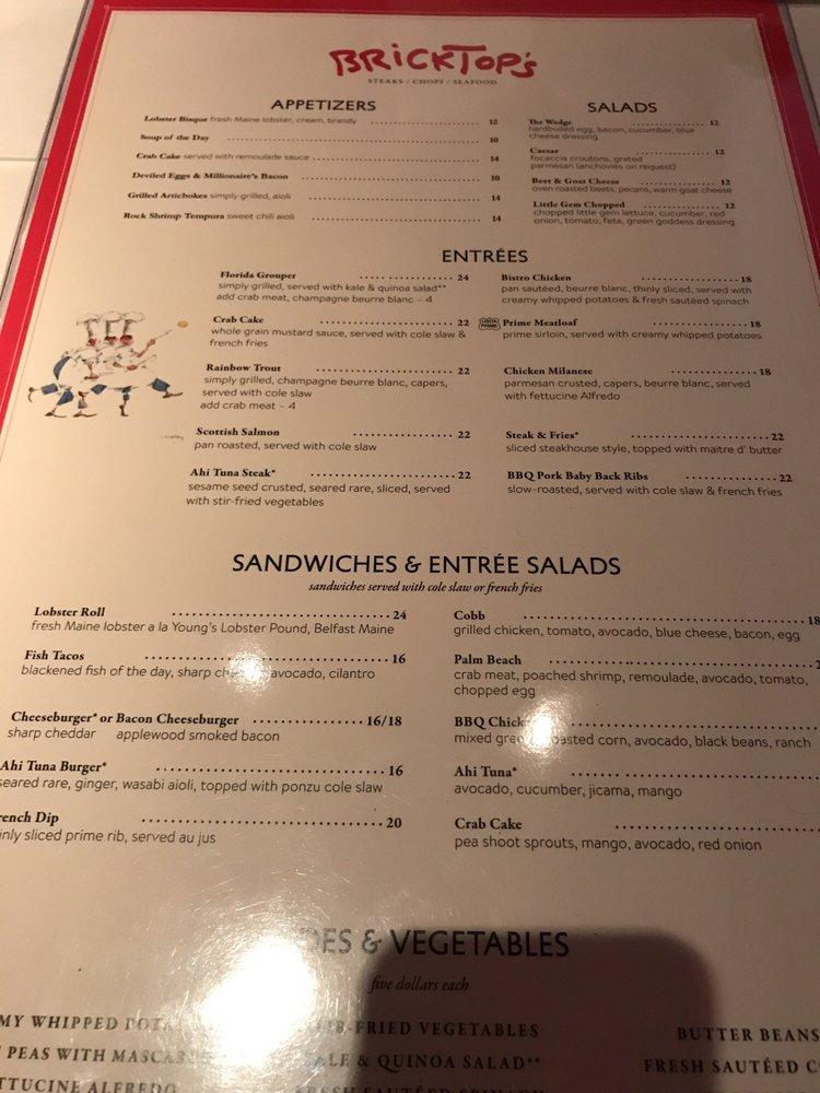 Menu at BrickTop's restaurant, Naples, Tamiami Trail N