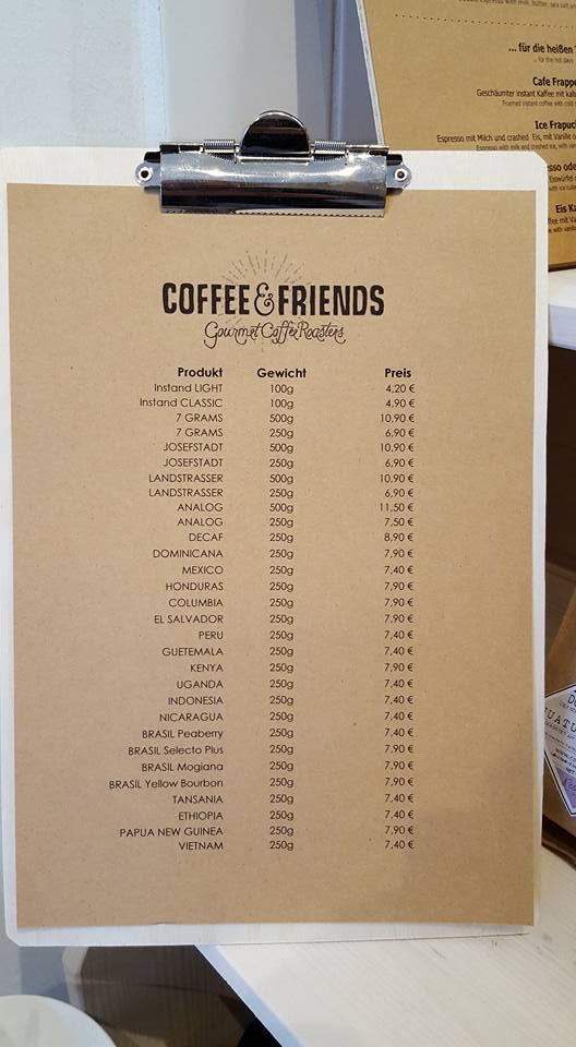 Menu at Coffee & Friends cafe, Vienna, Julius-Tandler-Platz 10/1A