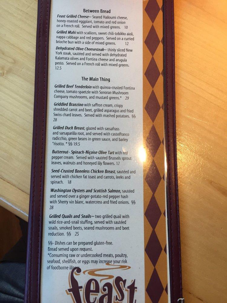 Menu at Feast restaurant, Tucson, E Speedway Blvd