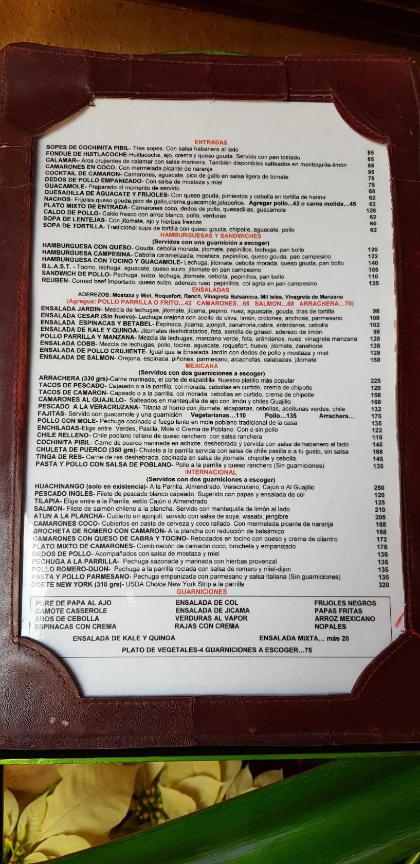 Menu at Hecho en México restaurant, San Miguel de Allende