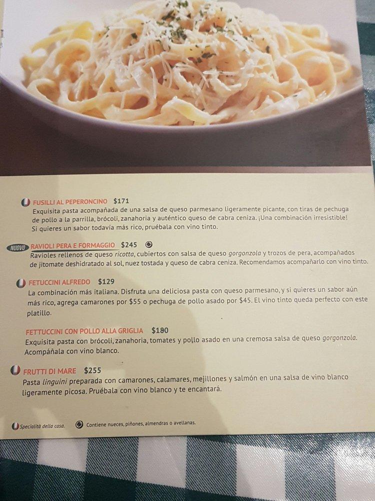 Menu at Italianni's restaurant, Puebla City, Arroyo Xonaca 1006