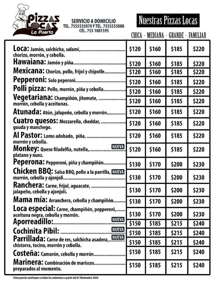 Menu at PIZZAS LOCAS La Puerta restaurant, Ixtapa, entrada principal La ...