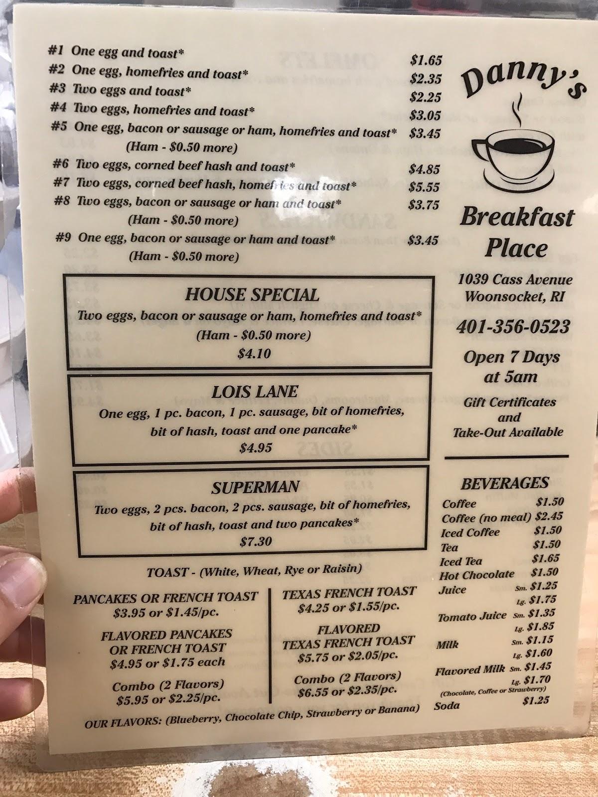 Menu at Danny's Breakfast Place restaurant, Woonsocket