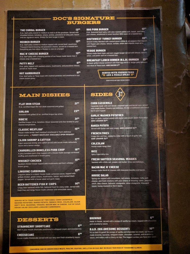 Menu at Doc Holliday's Roadhouse steakhouse, Williston