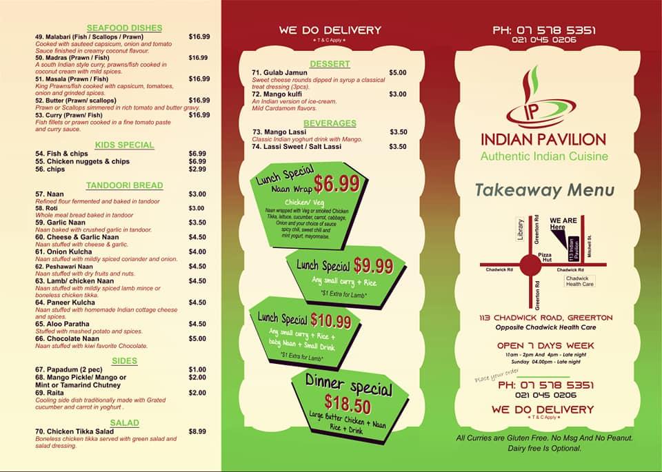 Menu at Indian Pavilion restaurant, Tauranga