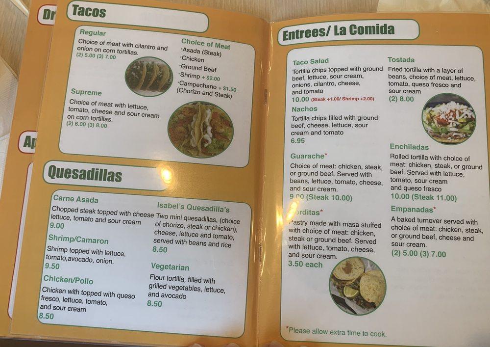 Menu at Isabel’s Tacos restaurant, Grabill