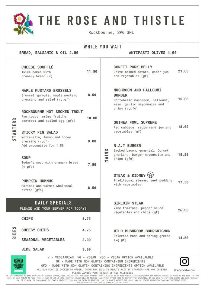 Menu at The Rose and Thistle pub & bar, Fordingbridge