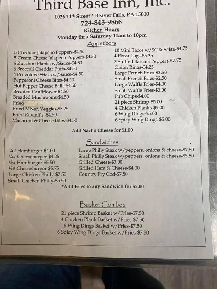 Menu at Third Base Inn pub & bar, Beaver Falls