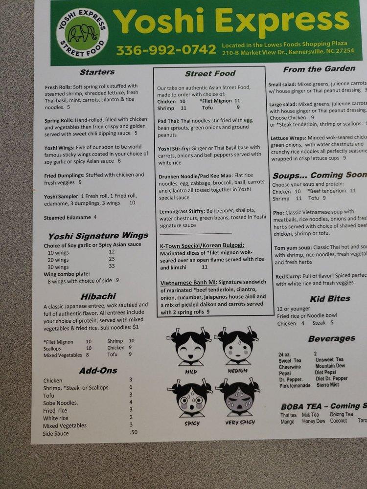 Menu at Yoshi Express restaurant, Kernersville