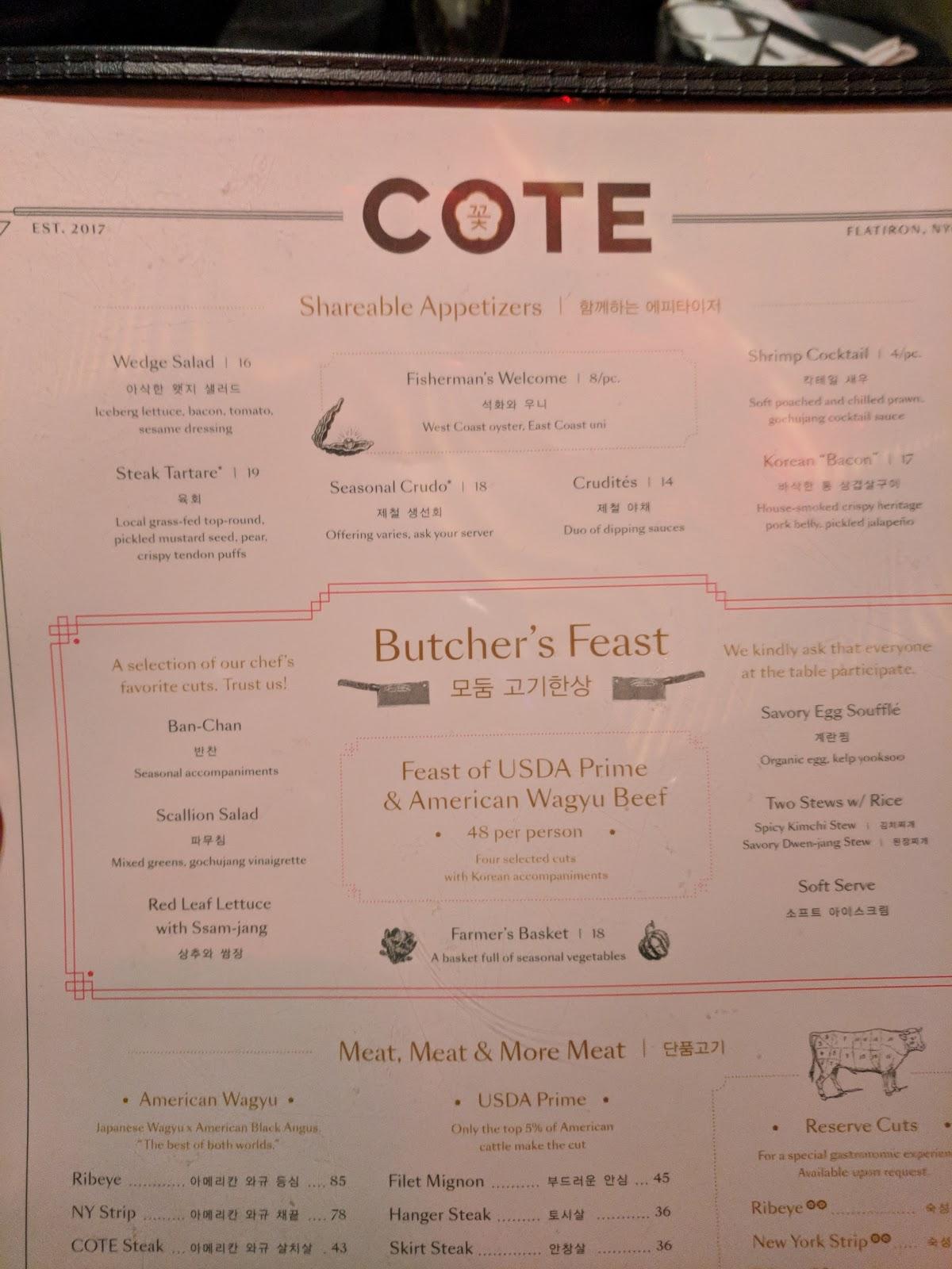 Menu at COTE Korean Steakhouse, New York City, 16 W 22nd St