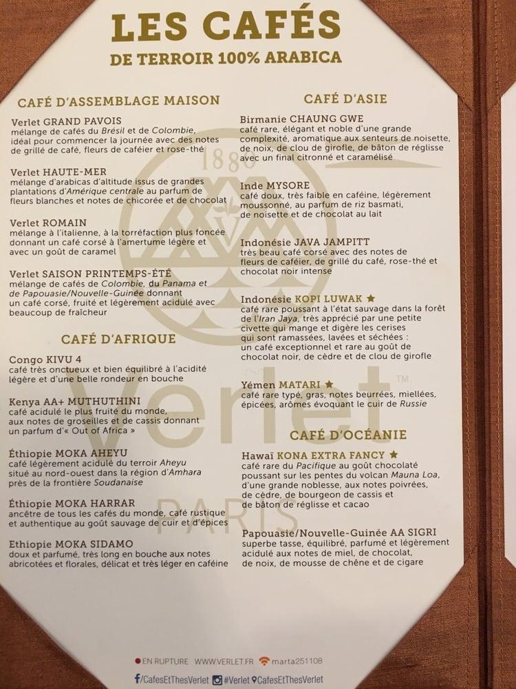 Menu au Café Verlet, Paris, 256 Rue Saint-Honoré