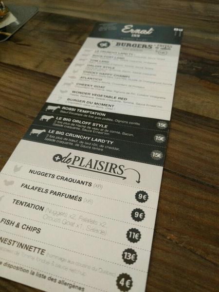 Menu au Ernest Inn Angers restaurant, Angers