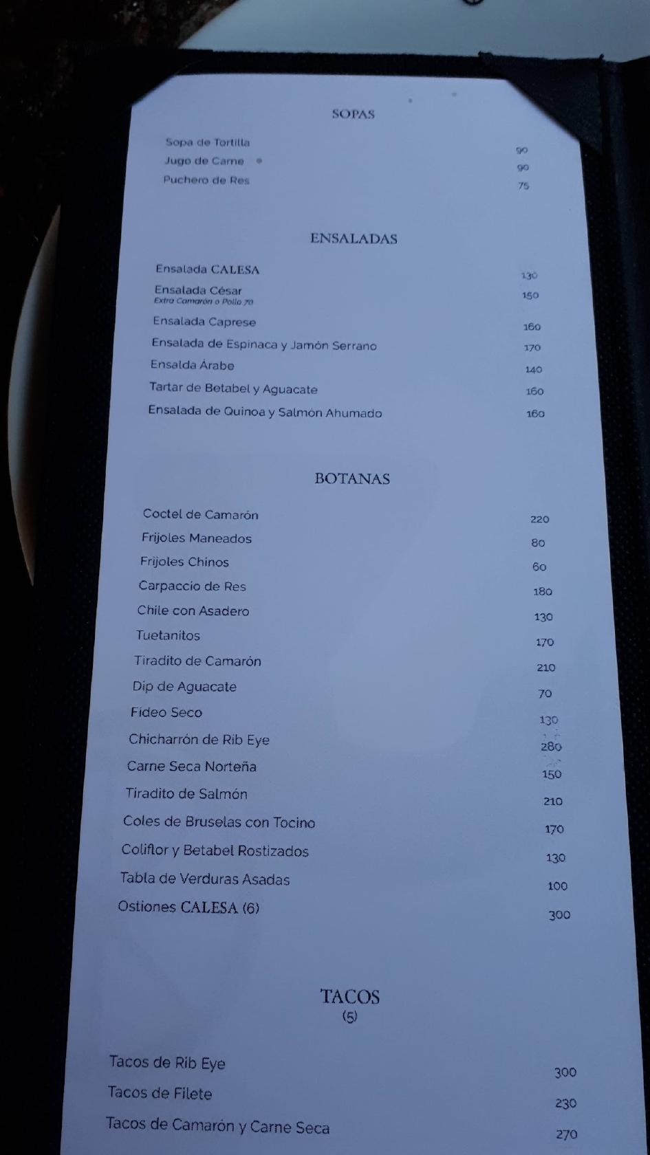 Carta de La Calesa Steakhouse, Chihuahua