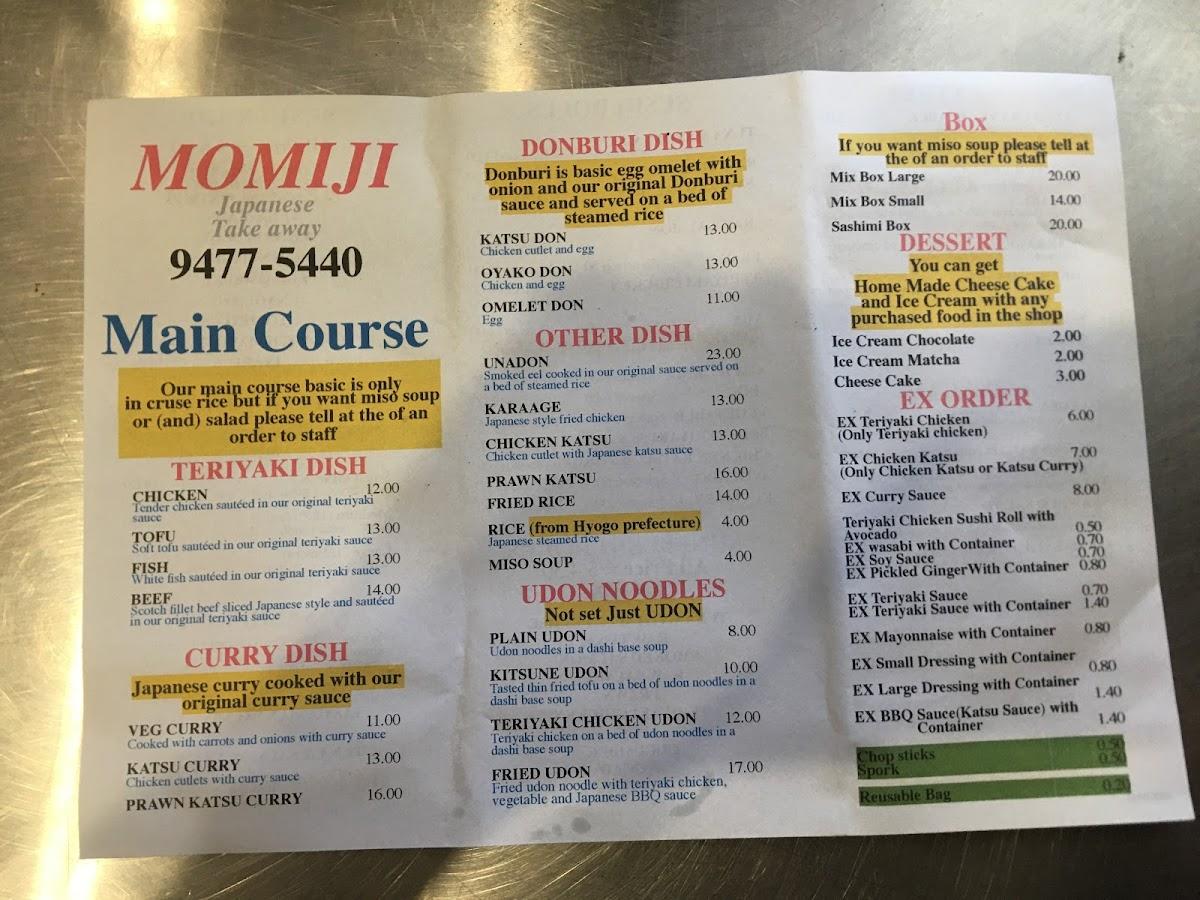 Menu at Momiji Japanese Takeaway restaurant, Belmont