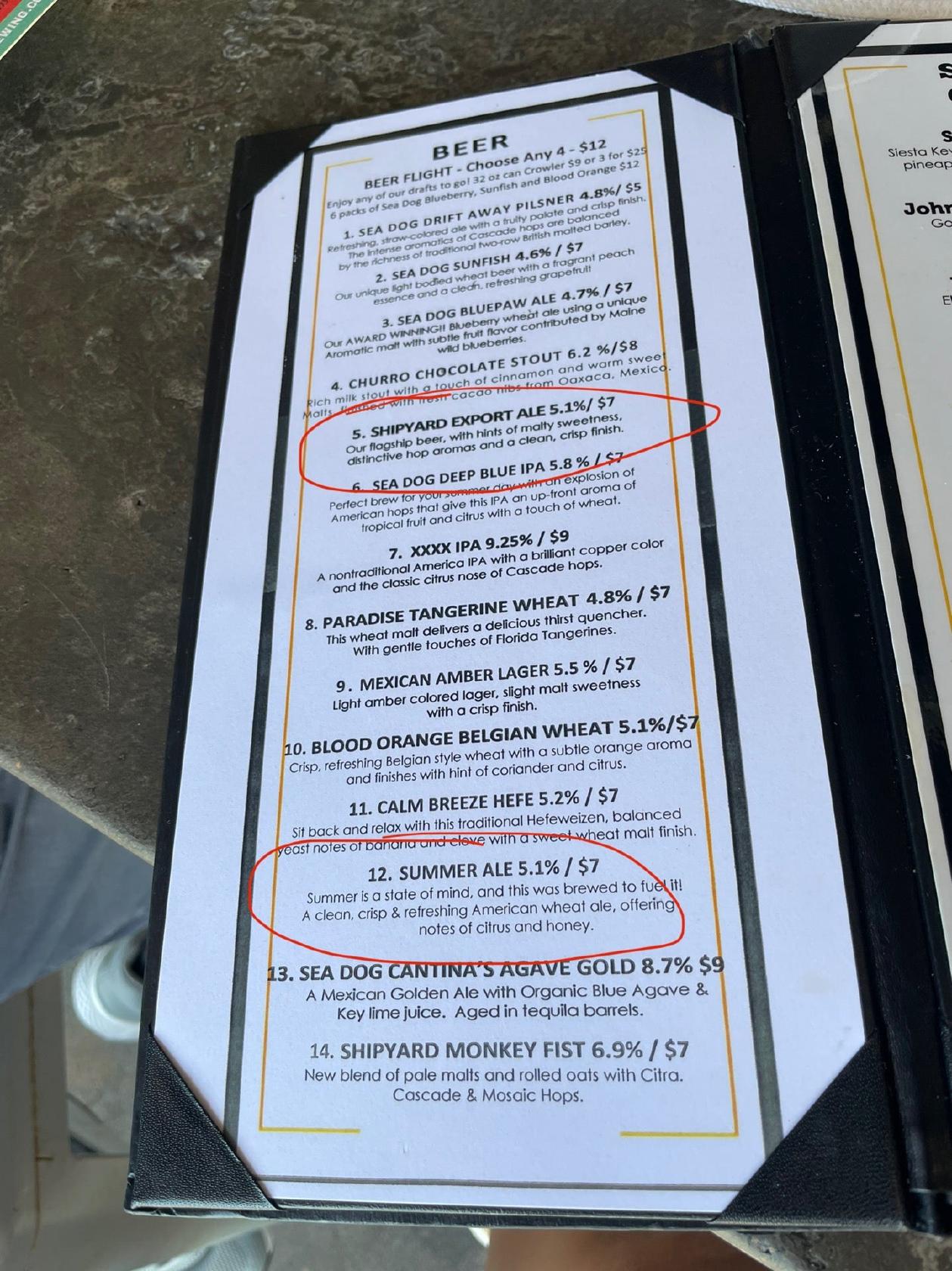 Menu at Sea Dog Brewing Co. pub & bar, Treasure Island