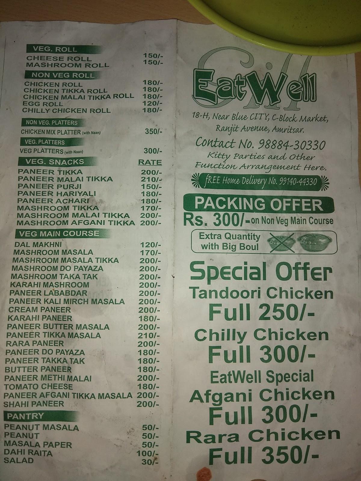 Menu at Eat Well Restaurant, Amritsar, 18H