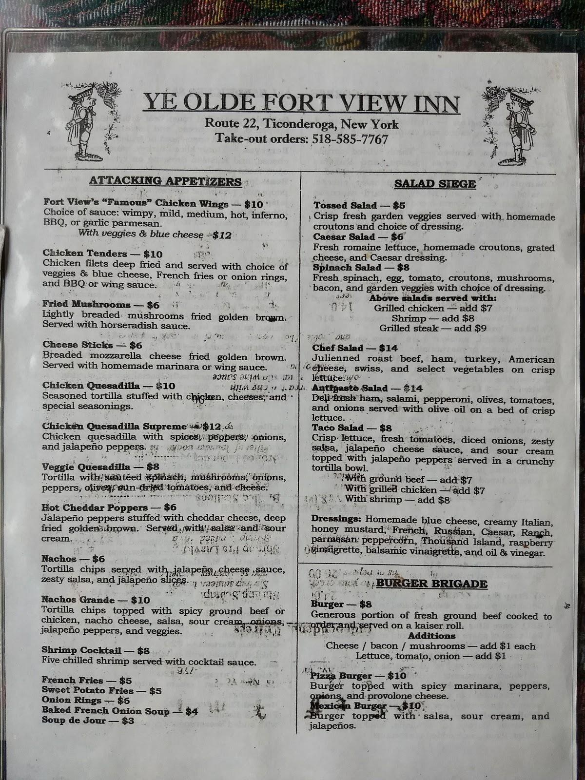 Menu at Fort View Inn restaurant, Ticonderoga