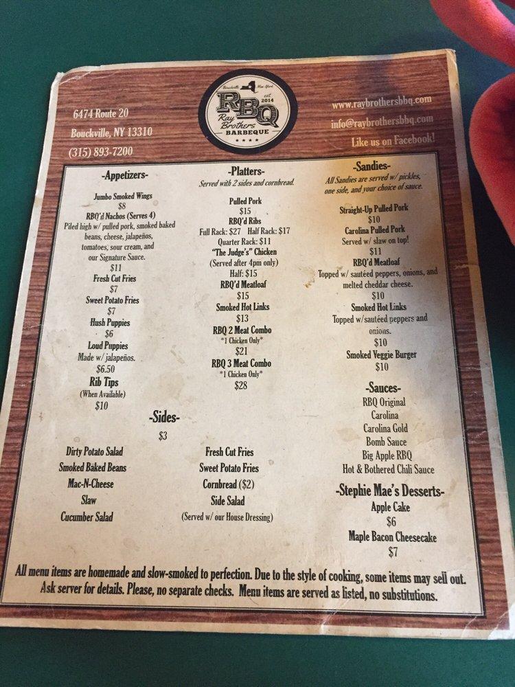 Menu at Ray Brothers BBQ, Bouckville