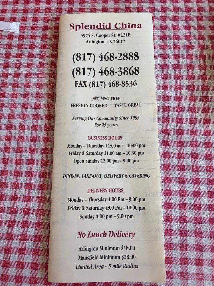 Menu at Splendid China restaurant, Arlington