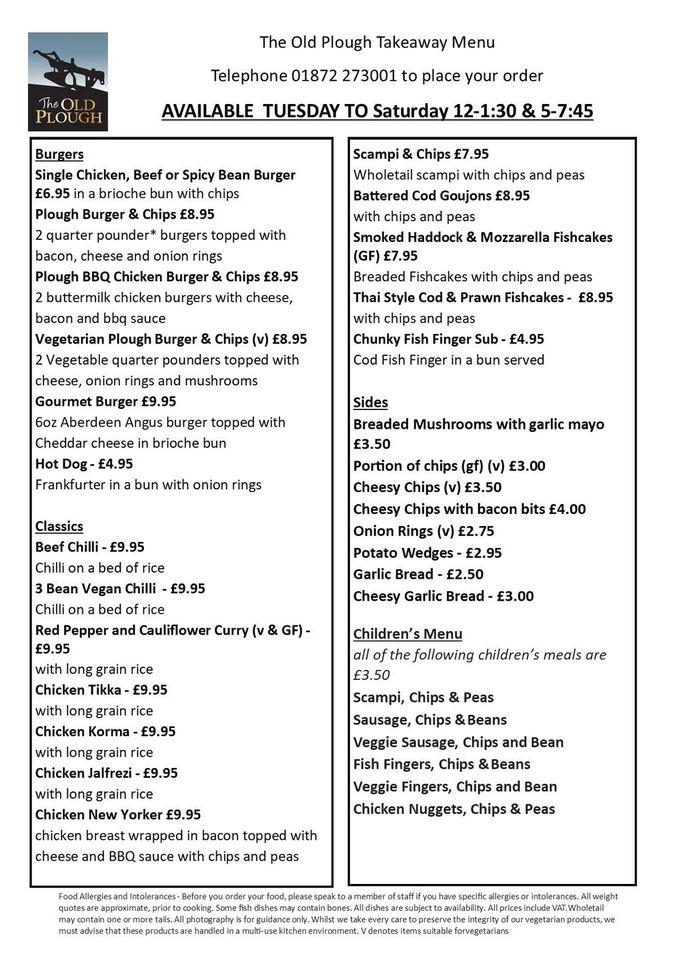 Menu at The Old Plough pub & bar, Truro