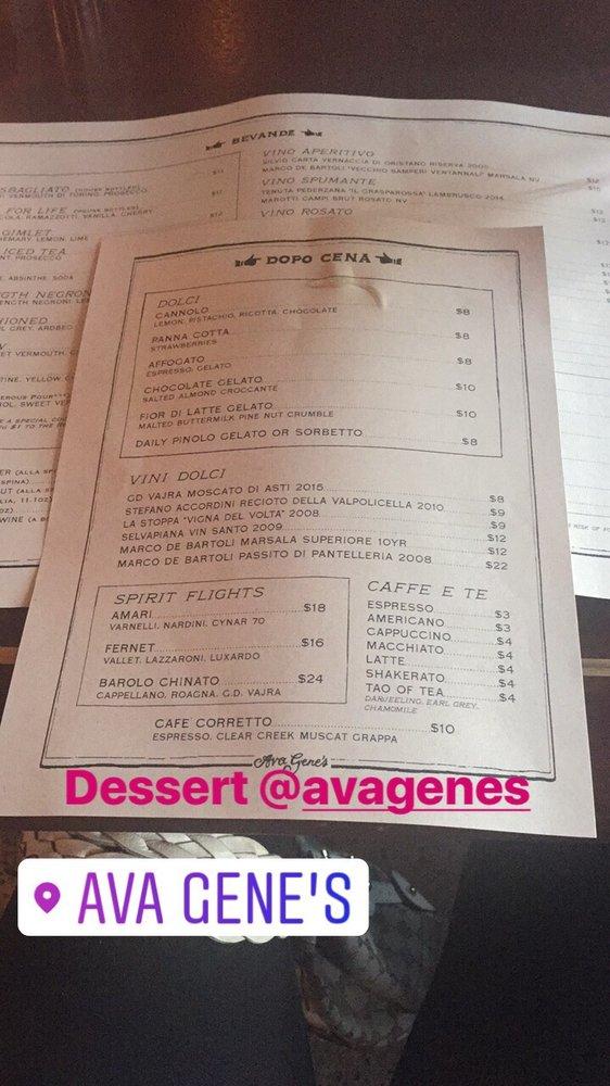 Menu at Ava Gene's restaurant, Portland