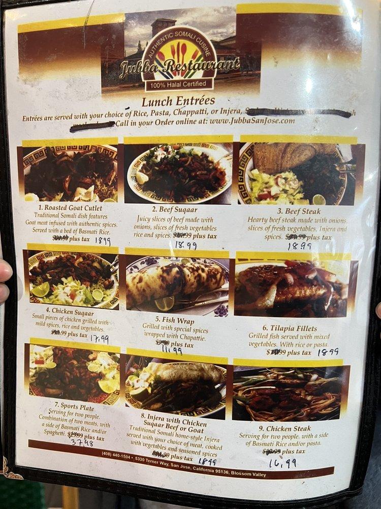 Menu at Jubba Somali Restaurant, San Jose
