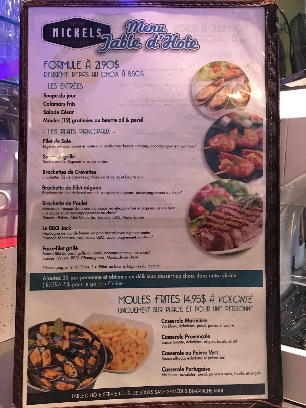 Menu au Nickels Deli restaurant, Montréal, Rue St-Hubert