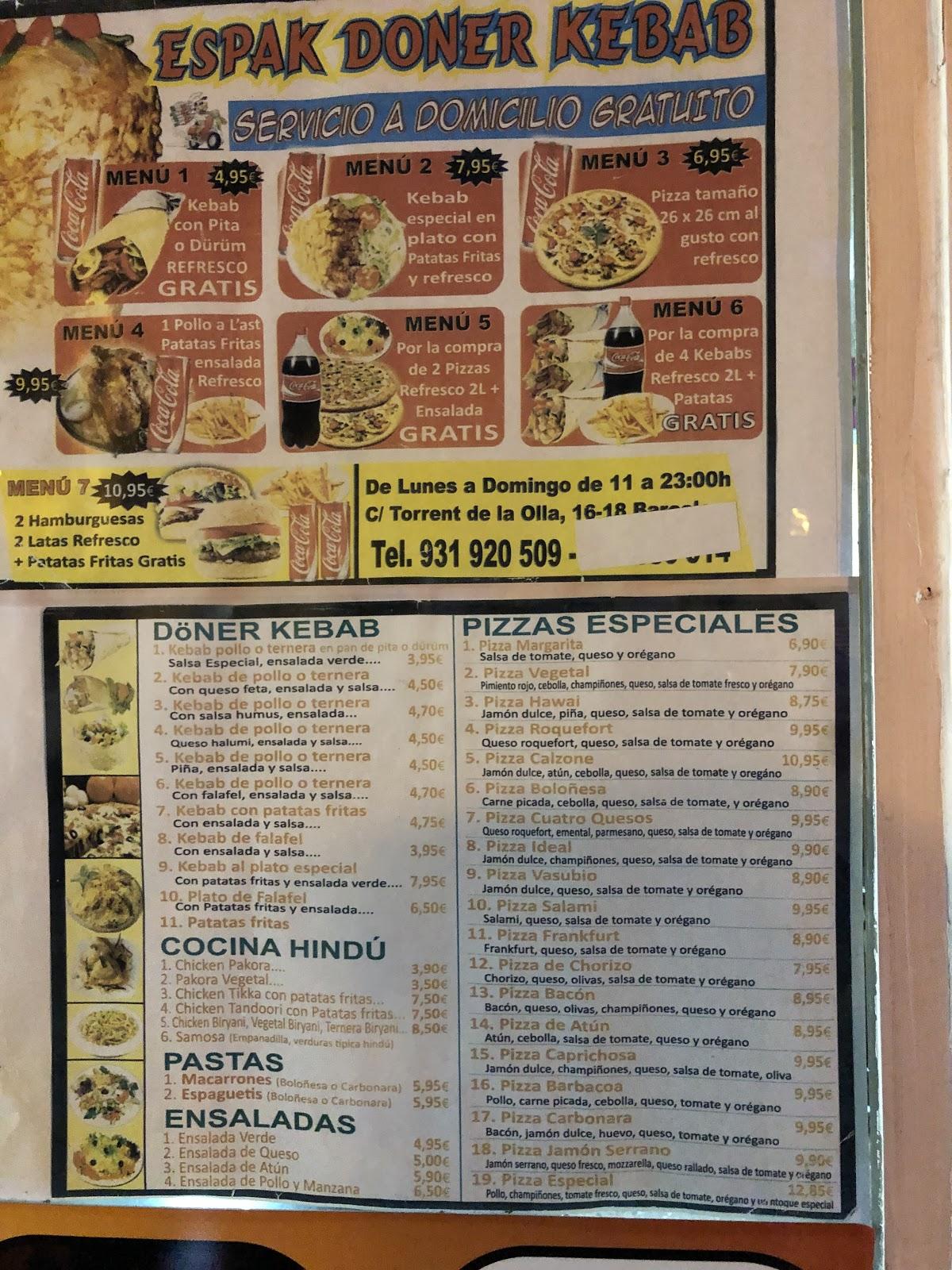 Menu at Espak doner kebab restaurant, Barcelona