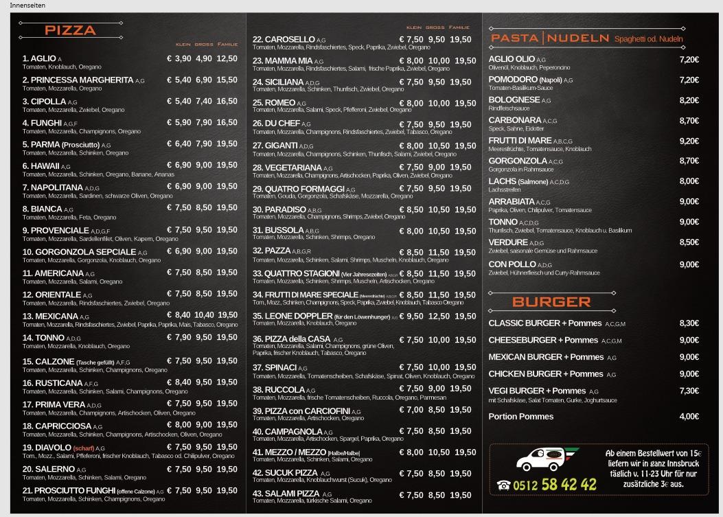 Speisekarte von Leone pizza, Innsbruck, Ing.-Etzel-Straße 5