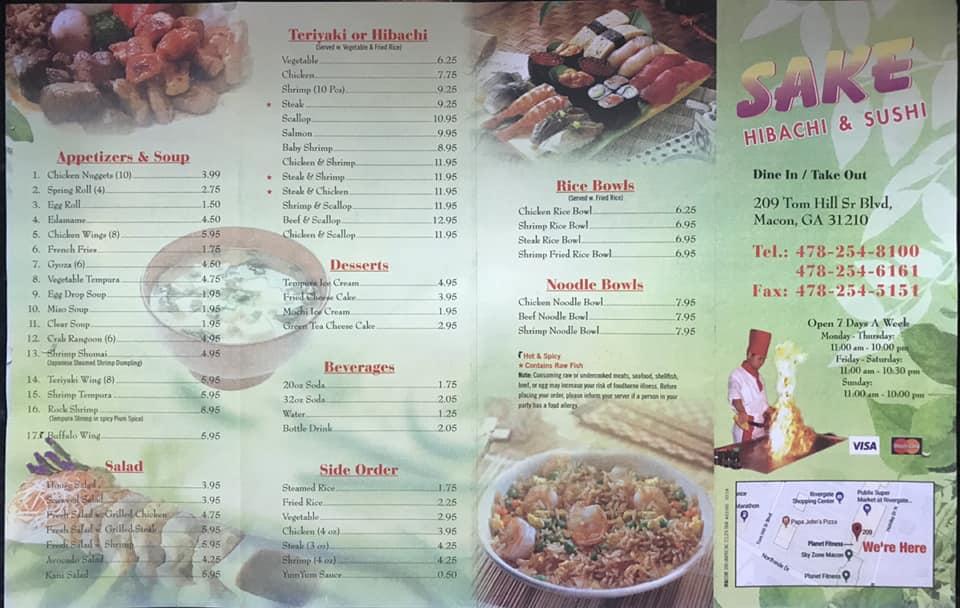 Menu at Sake Hibachi & Sushi restaurant, Macon, 209 Tom Hill Sr Blvd