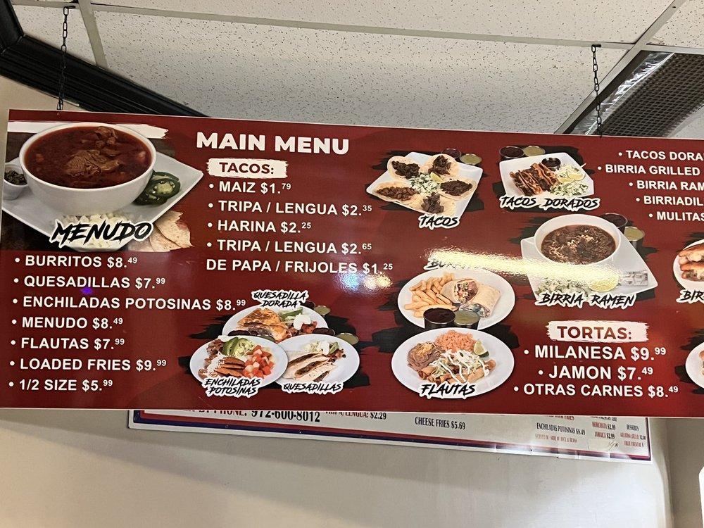 Menu at Taqueria Moctezuma restaurant, Irving