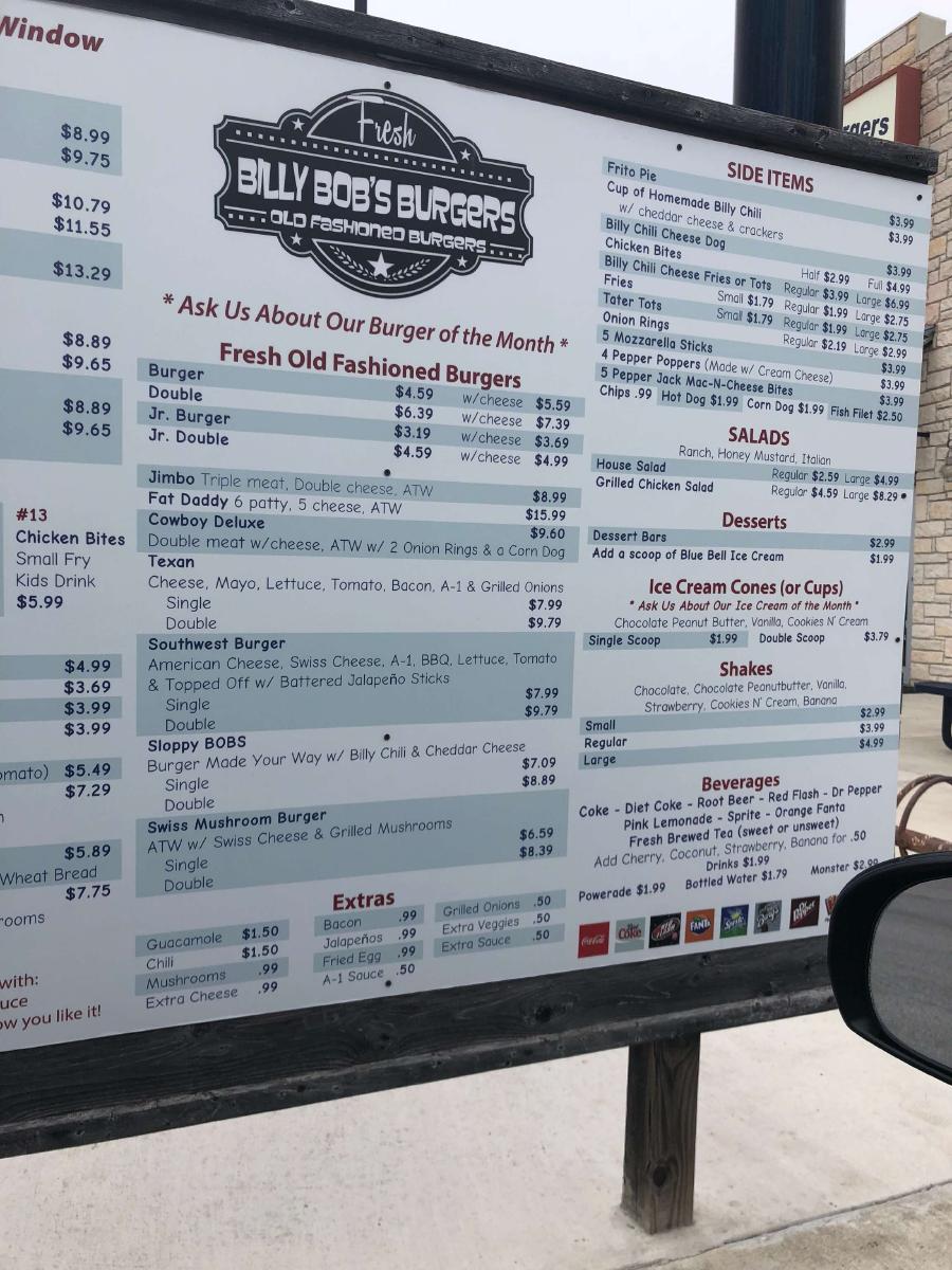 Menu at Billy Bob's Burgers restaurant, Killeen, E Stan Schlueter Loop