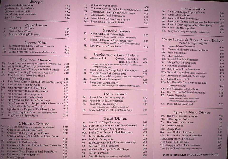 Menu at Hoi Shing restaurant, Dawlish
